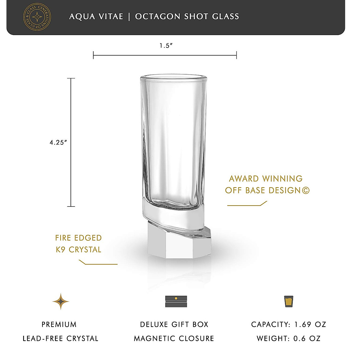 JoyJolt Aqua Vitae Shot Glass Set of 4. Crystal Shot Glasses, Round Clear Shot Glasses Set with Octagon Base. 1 – 2 oz Cups for Tequila, Limoncello, Vodka or Aperitif. Fun Christmas Gifts