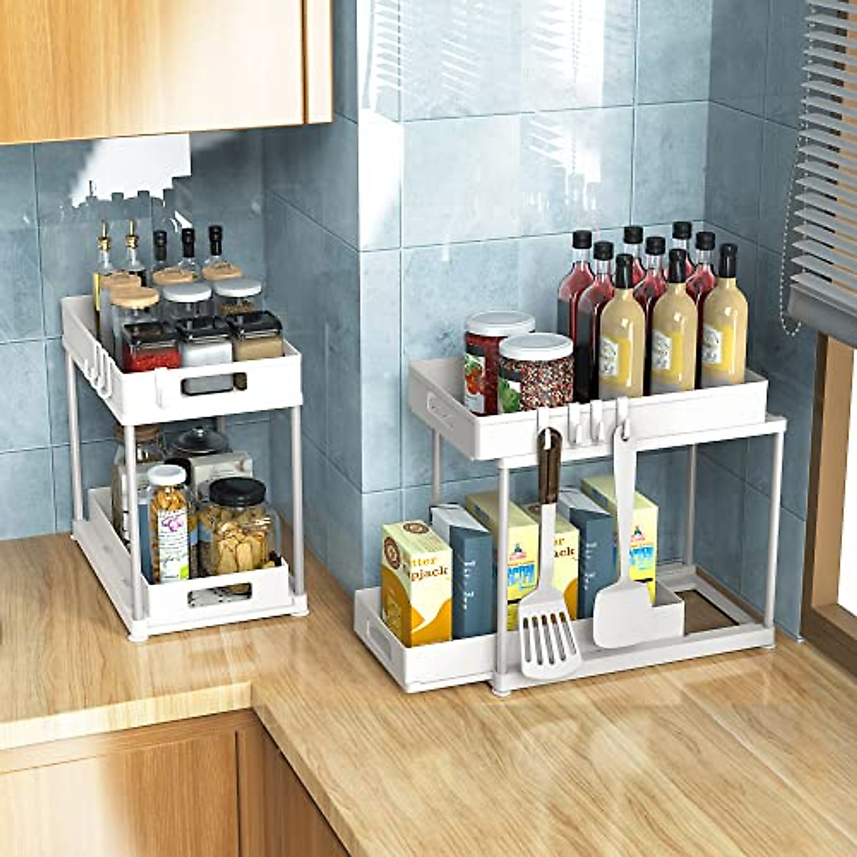 Under Sink Organizers and Storage, 2 Pack Pull-out Large Capacity Under Bathroom and Kitchen Cabinet Storage Drawer Organizer with Hooks, Multi-purpose Heavy Load Under Sink Shelf Organizer, White
