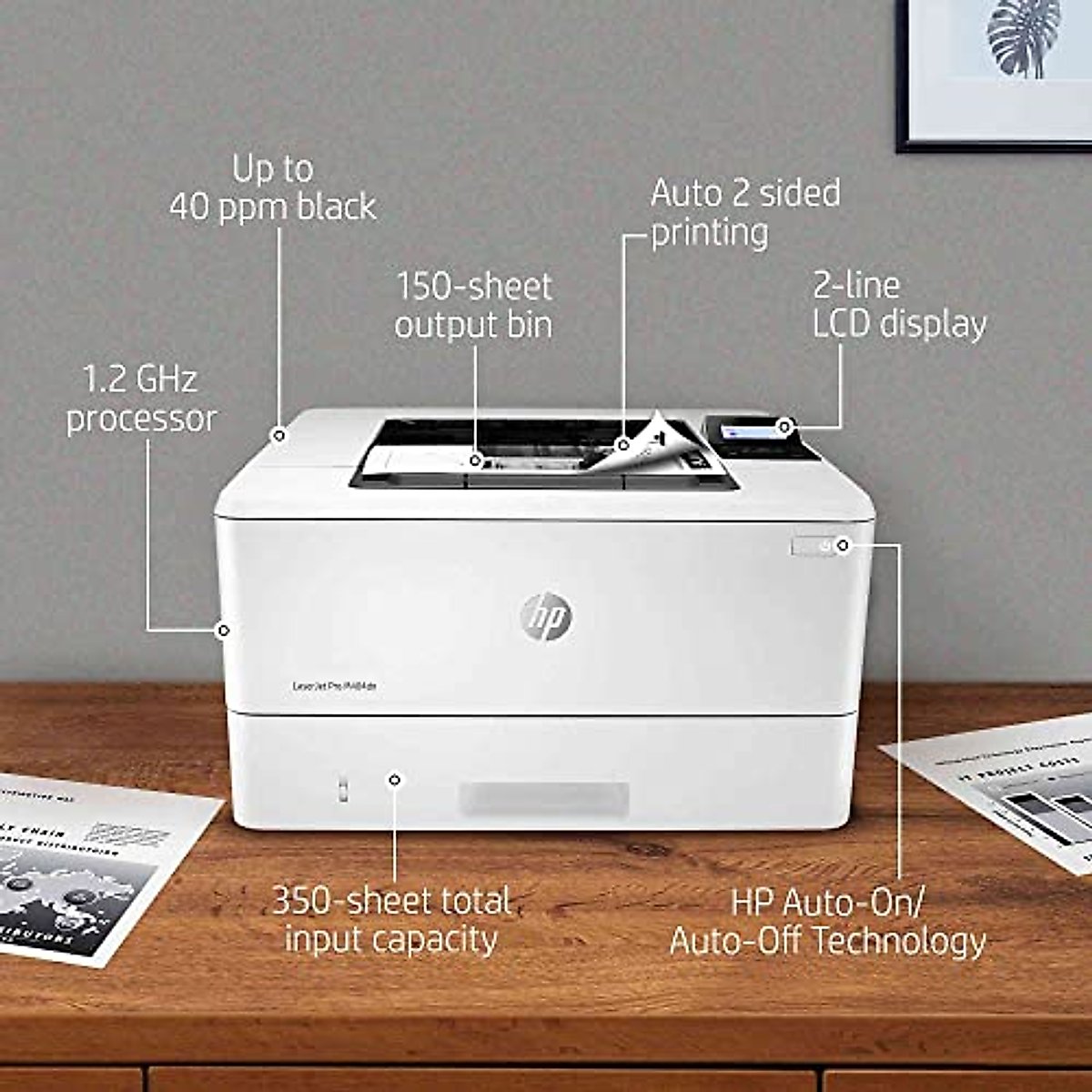 HP Laserjet Pro M404dn Wired Monochrome Laser Printer with Built-in Ethernet, White - Print only - 2-line LCD, 40 ppm, 1200 x 1200 dpi, Auto 2-Sided Printing, 8.5 x 14