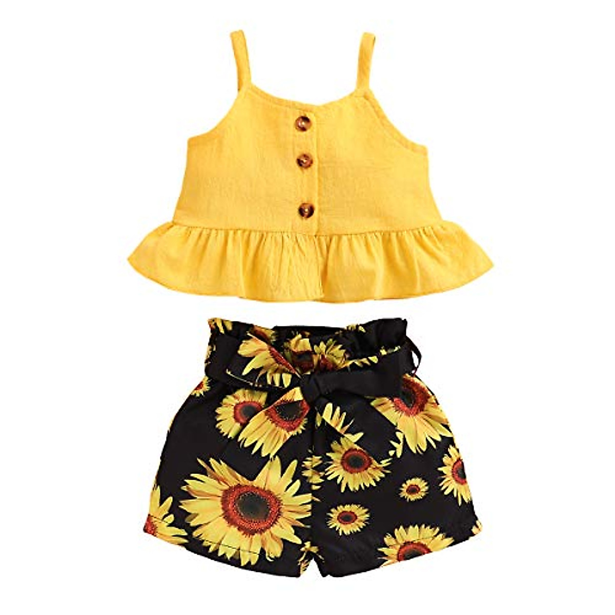 Kucnuzki Toddler Baby Girl Clothes Summer Outfits Ruffle Sleeveless Linen Shirt Kid Short Set for Girl (18-24 Months, Yellow+Black)
