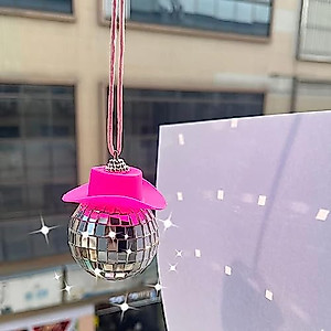 SPANSEE Pink Disco Ball Car Accessory,Disco Mirror Ornament,Disco Cowboy Hat Accessory,Car Ball,Disco Charm,Disco for Car,Cute Accessories