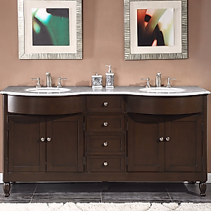 Silkroad Exclusive HYP-0717-WM-UWC-72 Marble Top Double Sink Bathroom Vanity with Dark Walnut Finish Cabinet, 72", Dark Wood