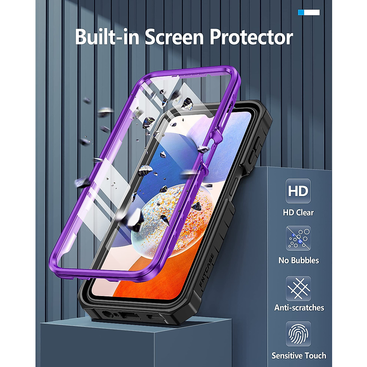 FNTCASE for Samsung Galaxy A14-5G Case: Dual-Layer Protective Textured Shockproof Rugged TPU Cover with Kickstand | Military Grade Drop Protection | Heavy Duty Cell Phone Protector - Purple