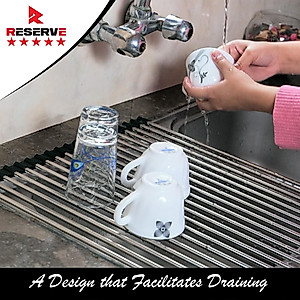 R RESERVE Upgraded, Roll up Dish Drying Over The Sink Rack Mat with Stainless Steel Wires, Rollable, Large, Black/Silver, (15.5" x 23")
