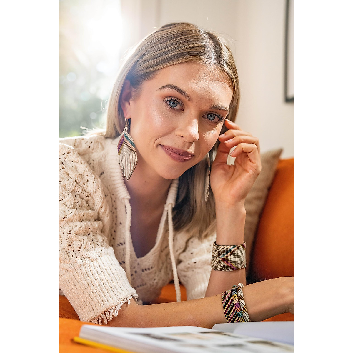 INK+ALLOY Women's Fringe Seed Bead Dangle Earrings Handmade Jewelry for the Modern Bohemian (Ivory Gold Muted Chevron)