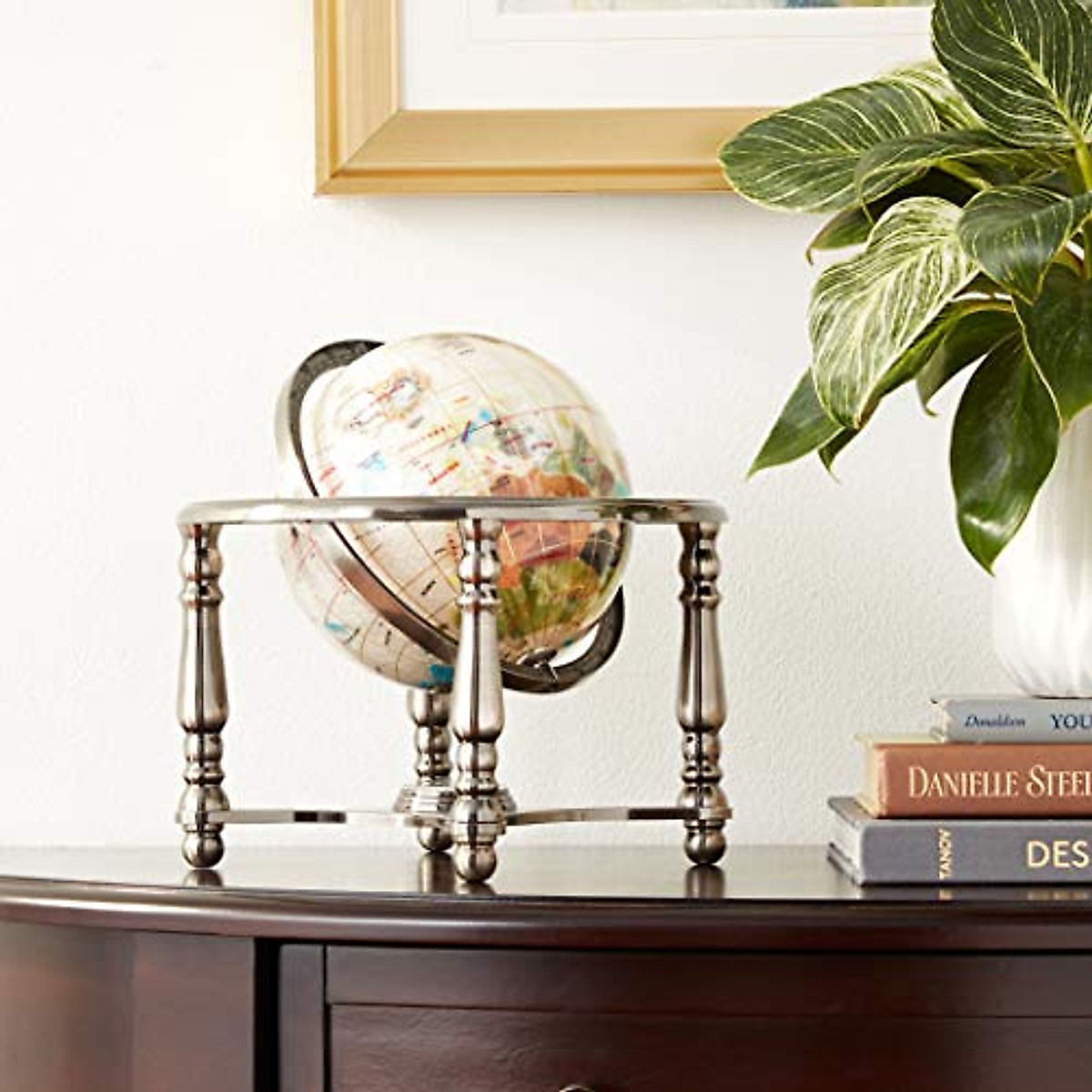 Unique Art 10-Inch Tall Pearl Swirl Ocean Gemstone World Globe with 4 Leg Silver Stand,white