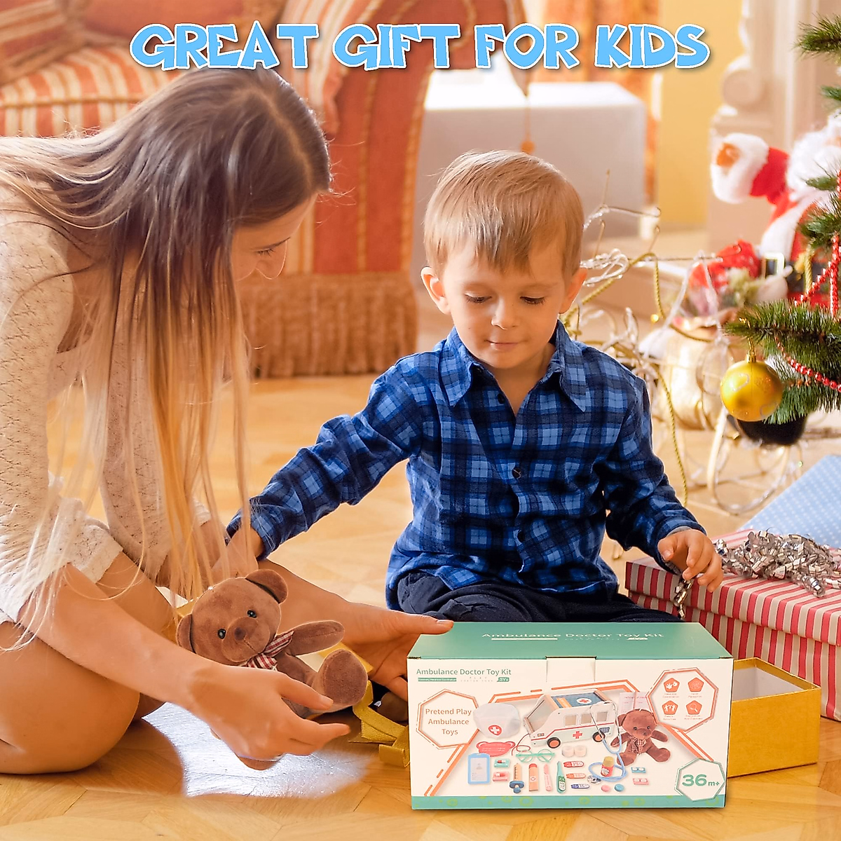 Wooden Doctor Kit for Kids, 37pcs Pretend Play Medical Kit with Ambulance Toy & Plush Bear, Imagination Doctor Role Play Set for Boys Girls Age 3 4 5 6 7