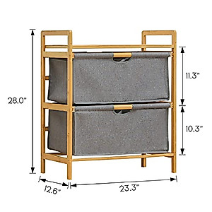 MoNiBloom 2 Tier Bamboo Clothes Drawer Rack Fabric Dresser Organizer Clothing Storage with Tabletop for Bedroom Bathroom Entryway Closet, Grey