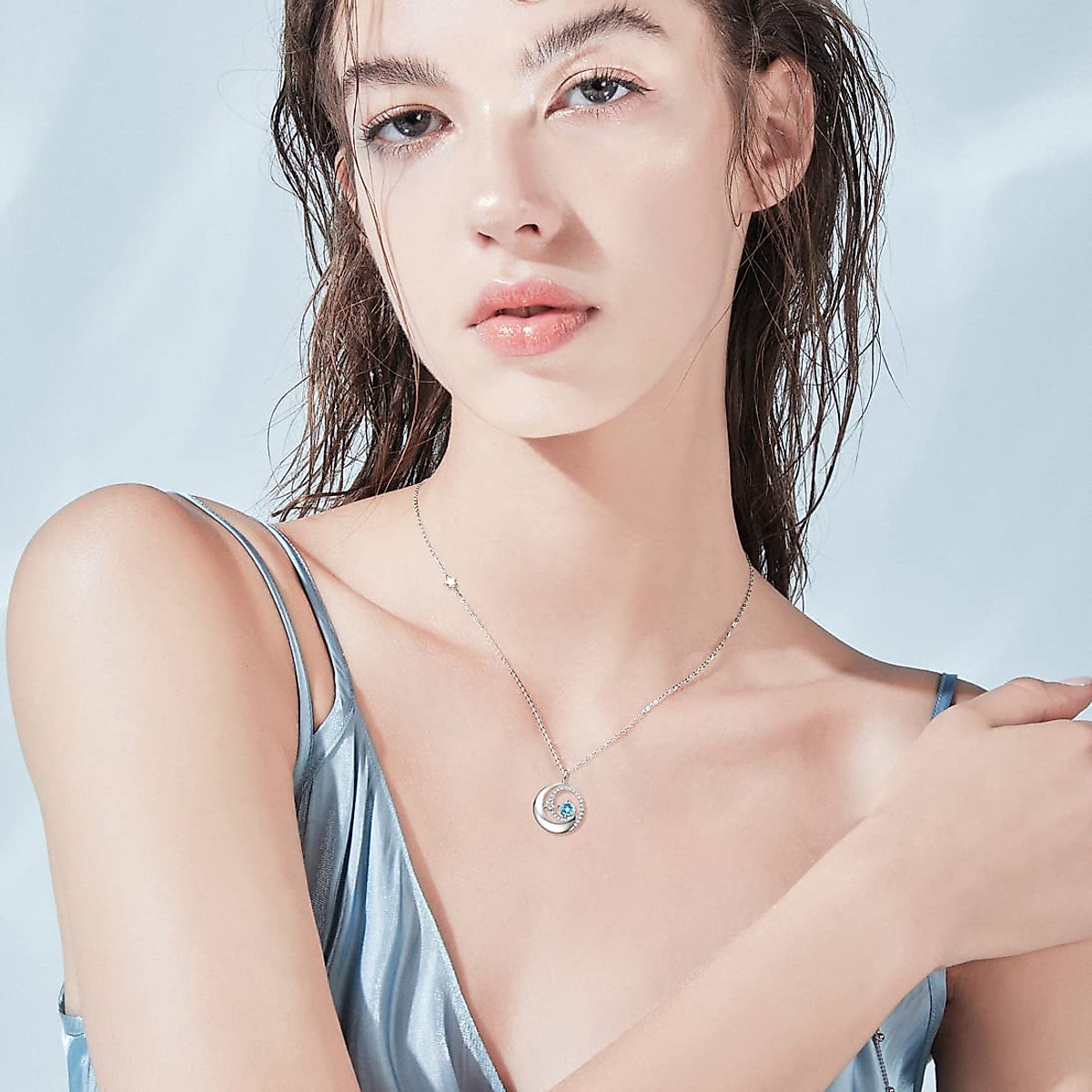 FANCIME Aquamarine Necklace March Birthstone Moon Star Pendant 925 Sterling Silver Blue Fine Jewelry Birthday Anniversary Christmas Gifts for Women Mom Daughter, Adjustable Chain 16+2"