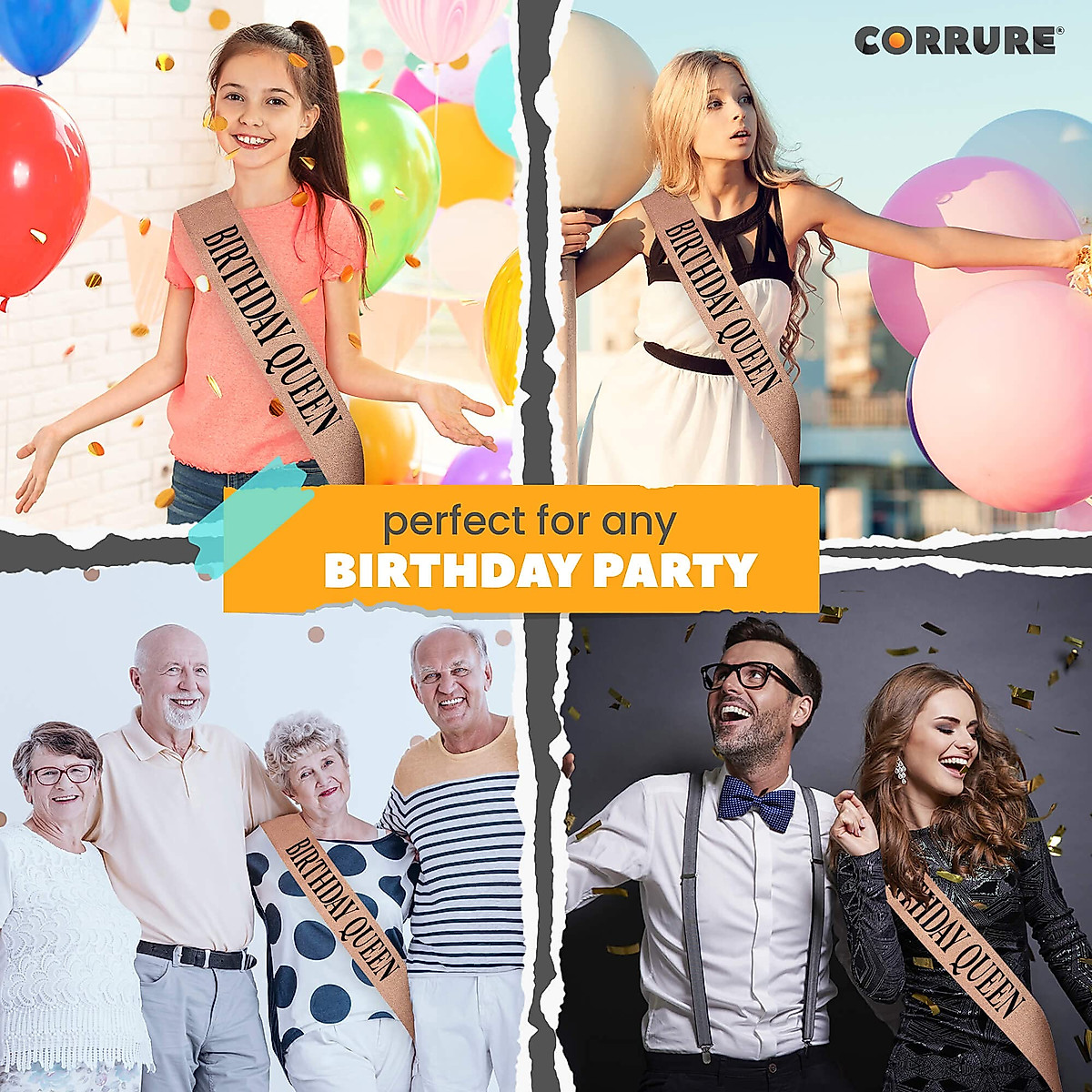 CORRURE 'Birthday Queen' Sash Glitter with Black Foil - Rose Gold Glitter Happy Birthday Sash for Women - Party Favors Supplies and Decorations for Sweet 16, 18th 21st 30th 40th or Any Bday Party