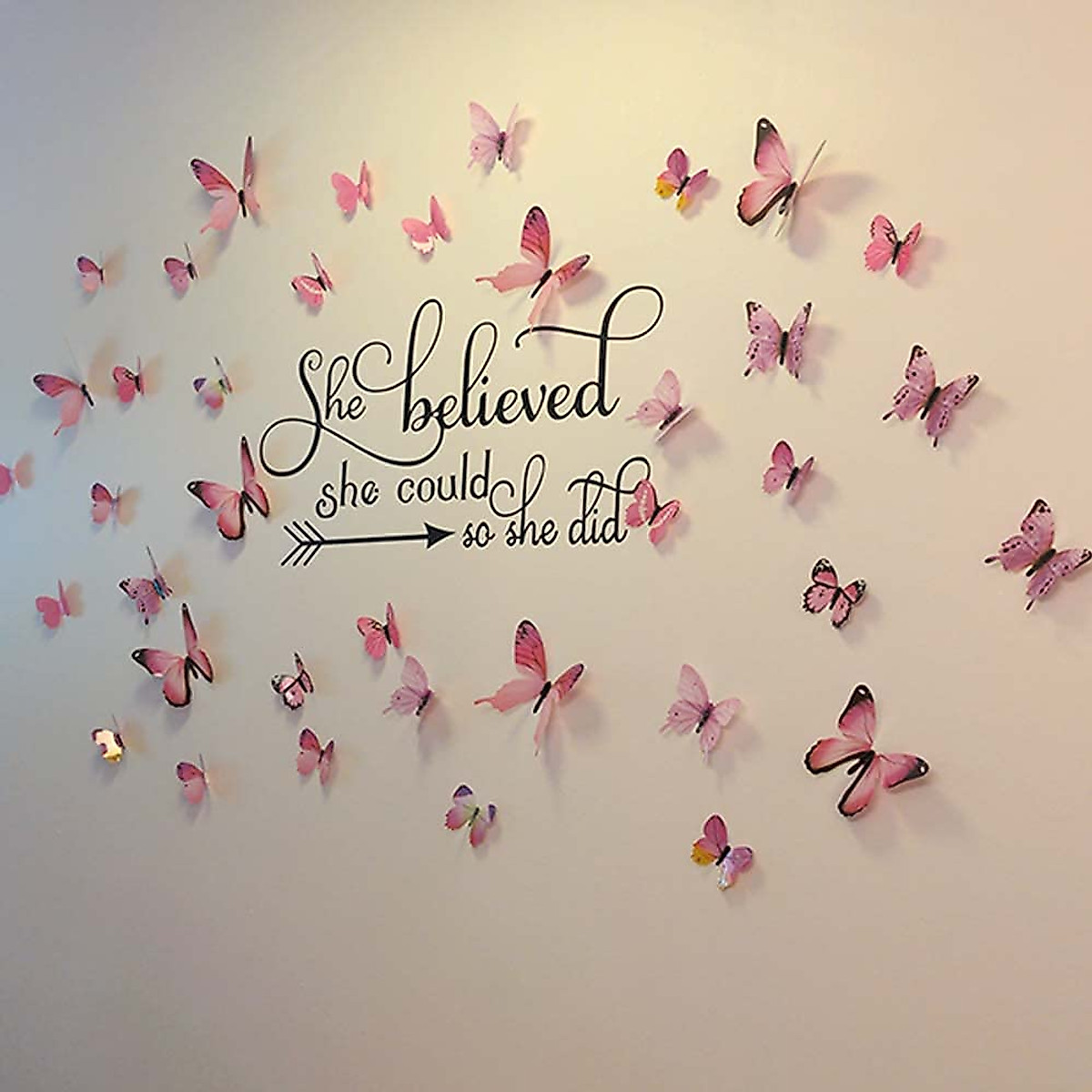 Trubetter Pink Butterfly Wall Decals, 24 Pcs 3D Removable Waterproof Stickers for Home and Room Decoration