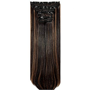 LELINTA 24" Straight Long 4 PCS Set Thick Clip in on Synthetic Hair Extensions Hairpieces for Women Dark Brown Mix Light Auburn
