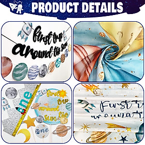 First Trip Around The Sun Birthday Party Decoration Pack, 1st Baby Shower Space Birthday Party Supplies Including Banner, Backdrop, Garland, Tablecloth, Felt Hat, Honeycomb, Cake Toppers, Latex and