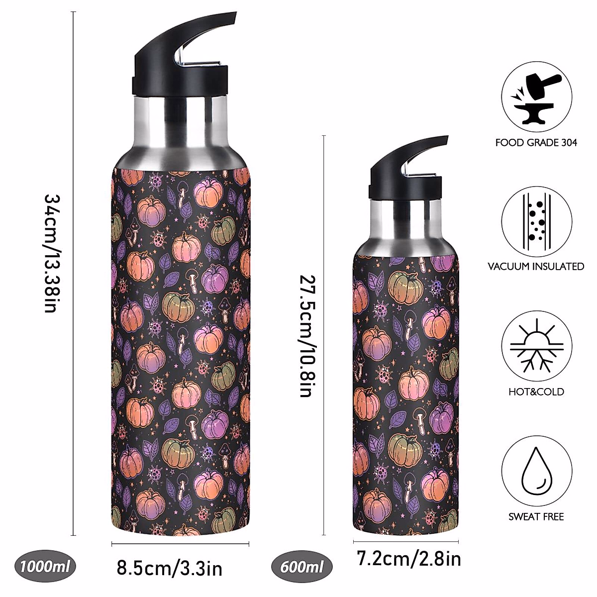 ALAZA Ladybug Squash Mushrooms Water Bottle with Straw Lids Boys Girls,Vacuum Insulated Leakproof Stainless-Steel Sports Bottle Thermal Flask for Gym Yoga Camping,20oz (600ml)