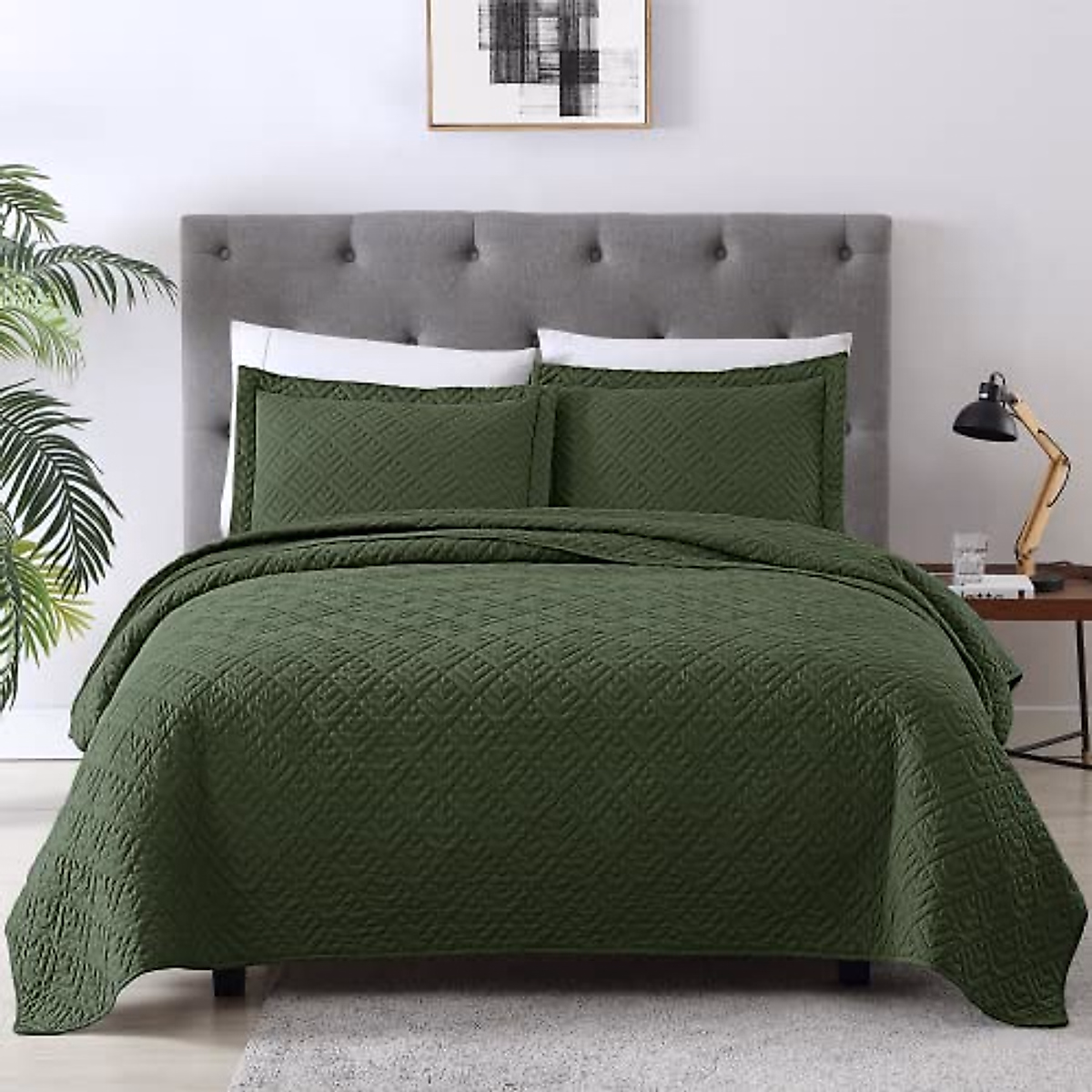 EXQ Home Quilt Set Full Queen Size Olive Green 3 Piece,Lightweight Soft Coverlet Modern Style Squares Pattern Bedspread Set(1 Quilt,2 Pillow Shams)