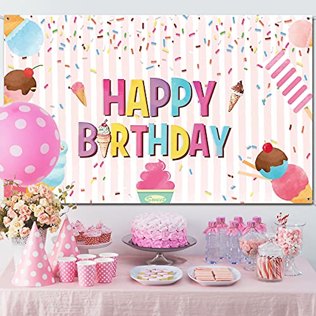 Ice Cream Birthday Party Backdrop Decorations Sweet Summer Ice Cream Party Favors for Kids Girls Boys Themed Happy Birthday Banner Baby Photography Background Photo Booth 70.8 x 43.3 inch