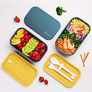 Bento Lunch Box - All-in-One Stackable Japanese Bento Box - Leakproof Eco-Friendly Meal Prep Containers for Men Women, Microwave and Dishwasher Safe,Easy Wash (Blue)