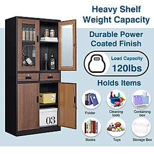 PEUKC Kitchen Pantry Cabinet, 71" Freestanding Kitchen Pantry Storage Cabinet with Drawer and Adjustable Shelves, Metal Tall Pantry Cabinet Cupborad with Glasses Doors, Wood Color