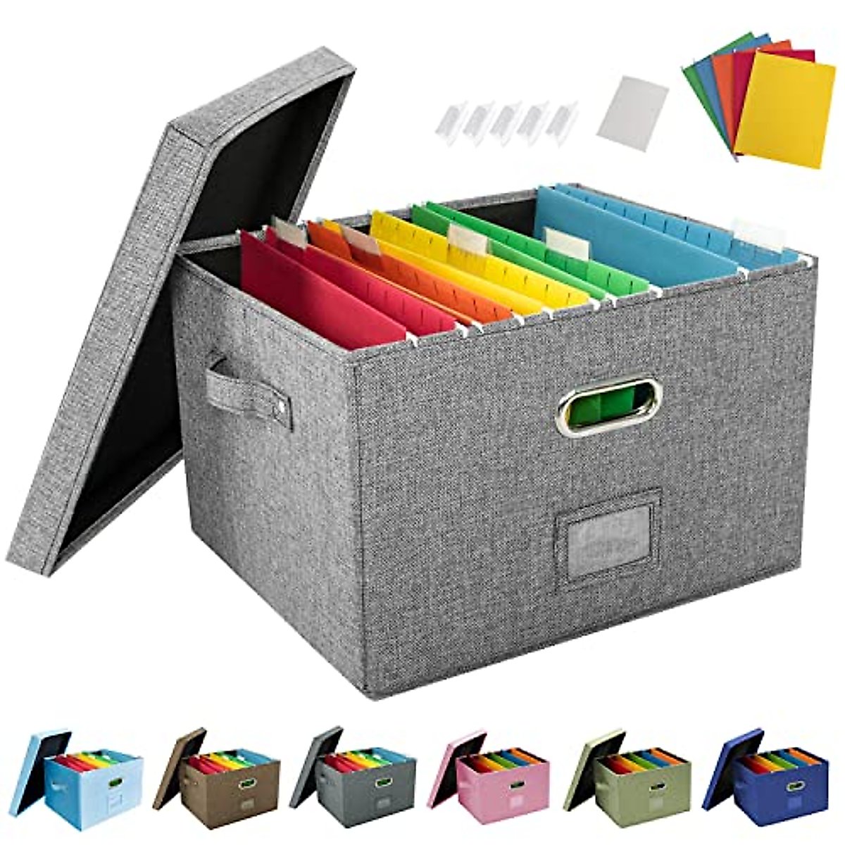 JSungo File Box with 5 Hanging Filing Folders, Document Organizer Storage for Office, Collapsible Linen Storage Box with Lids, Home Portable Storage with Handle, Letter Size Legal Folder, Grey