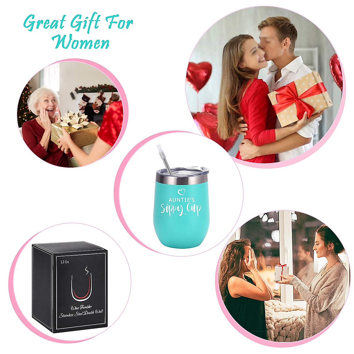 Gifts for Aunt Auntie's Sippy Cup Wine Tumbler with Lid, Birthday Mothers Day Gifts for Aunts New Aunt Gift from Niece Nephew, Funny Insulated Stainless Steel Stemless Tumbler with Straw (12 Oz, Mint)