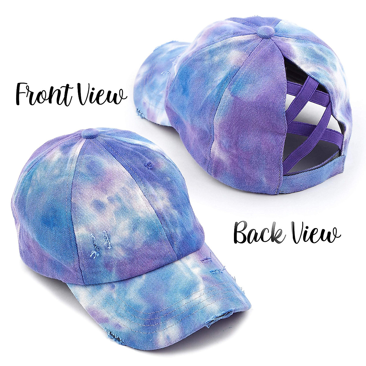 Funky Junque Criss Cross Hat Womens Baseball Cap Distressed Ponytail Messy Bun Trucker Ponycap (1 Tie Dye - Purple Mix)