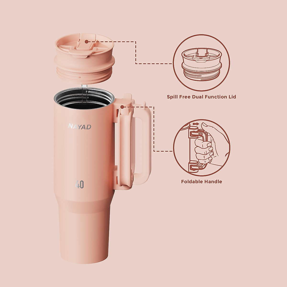 NAYAD 40oz Tumbler with Handle and Straw, Insulated Stainless Steel Travel Mug with Flip Lid & Straw Lid, Coffee Travel Mug Holder Compatible for Travel, Holiday Gift with Foldable Handle,pink tumbler