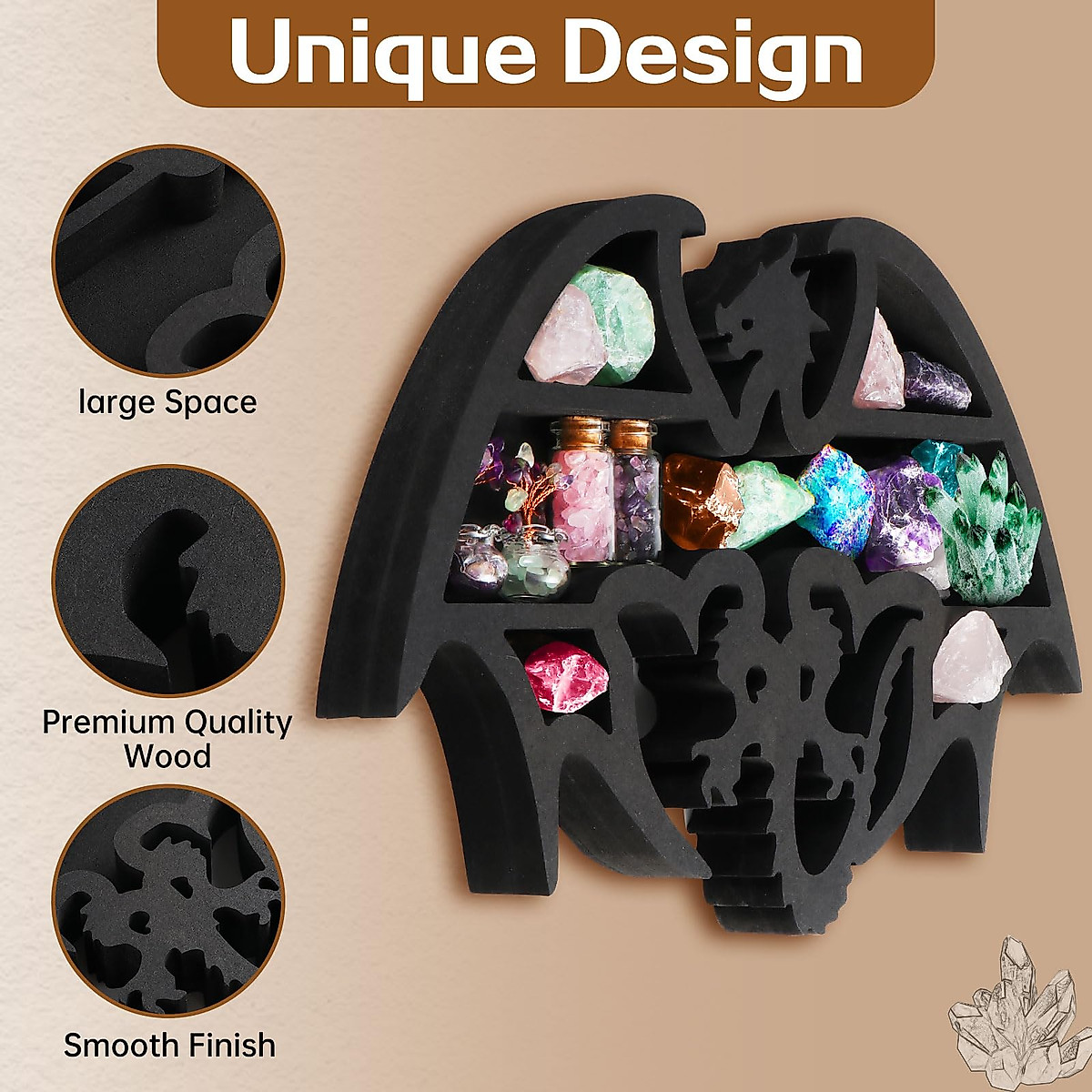 Stylitzy Wooden Floating Shelf Dragon Design Unique Room Decor Crystal & Rock Display Shelf, Floating Wall Shelves with Dragon Design for Rocks, Crystals, Oils, Stones, Plants(14x9.4inches