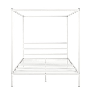 Metal Framed Canopy Platform Bed with Built-in Headboard,No Box Spring Needed, Classic Design, Queen,White
