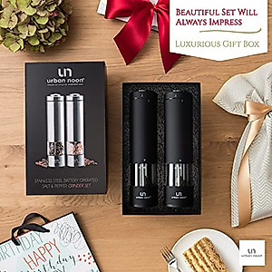 Electric Salt and Pepper Grinder Set - Battery Operated Stainless Steel Mill with Light (2 Black Mills) - Automatic One Handed Operation - Electronic Adjustable Shakers - Ceramic Grinders