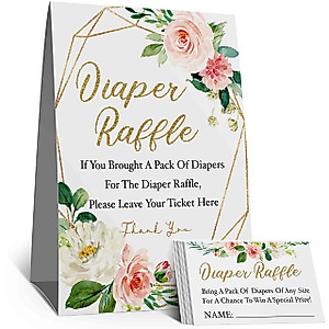 Diaper Raffle Tickets, Diaper Raffle Sign, Watercolor Pink Flowers Baby Shower Game Kit, Baby Showers Decorations, Card for Baby Shower Game to Bring a Pack of Diapers (1 Sign+50 Cards)