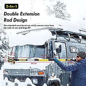 GEJRIO Ice Scraper for Car Windshield, 34.3" to 58.3" Extendable Snow Brush, 5 in 1 Snow Scraper for Car Auto SUV Truck, Yellow