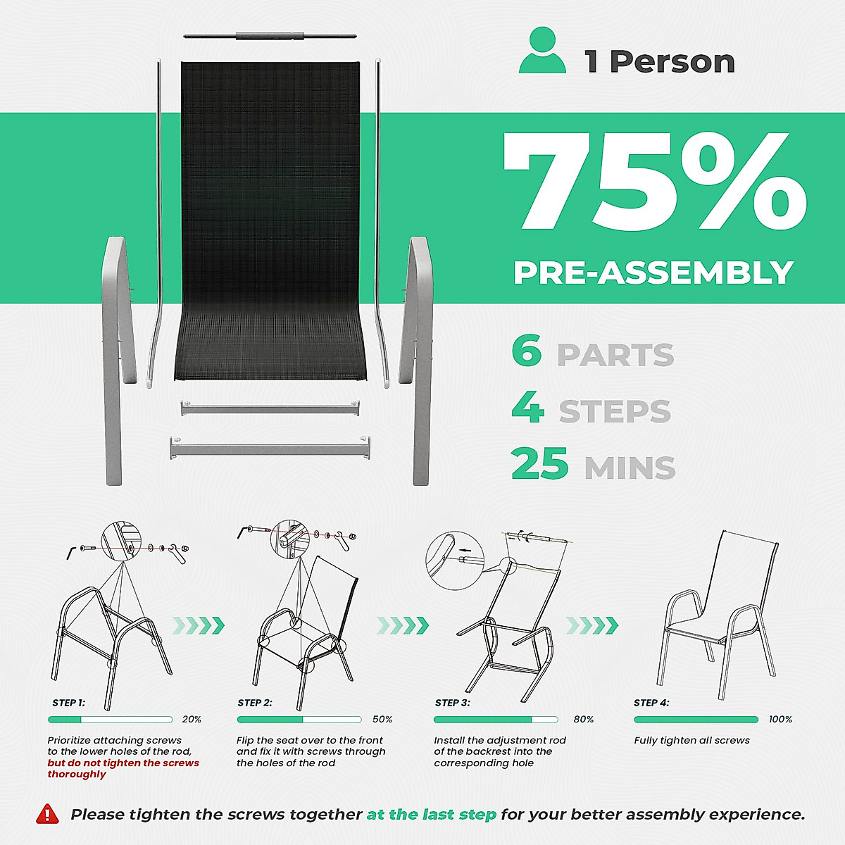 JEAREY Patio Chairs Set of 4, Outdoor Stackable Dining Chairs with Armrests, Breathable Garden Outdoor Furniture for Garden Patio Pool Beach Yard, Black