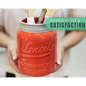 Comfify Wide Mouth Mason Jar Utensil Holder Decorative Kitchenware Organizer Crock, Chip Resistant Ceramic, Dishwasher Safe - Kitchen Caddy, Large Size 7" High - Coral