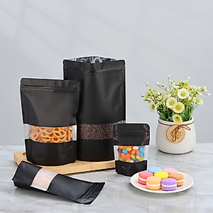 Larzack Smell Proof Bags for Food Storage, Resealable Mylar Bags with Matte Window, Foil Pouch Stand Up Sealable Bags for Packaging (Black, 3.5 * 5.1in)