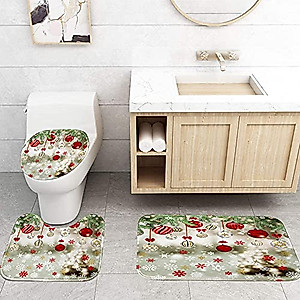 ArtSocket 4 Pcs Shower Curtain Set Colorful Christmas Balls Snowflakes with Non-Slip Rugs Toilet Lid Cover and Bath Mat Bathroom Decor Set 72" x 72"