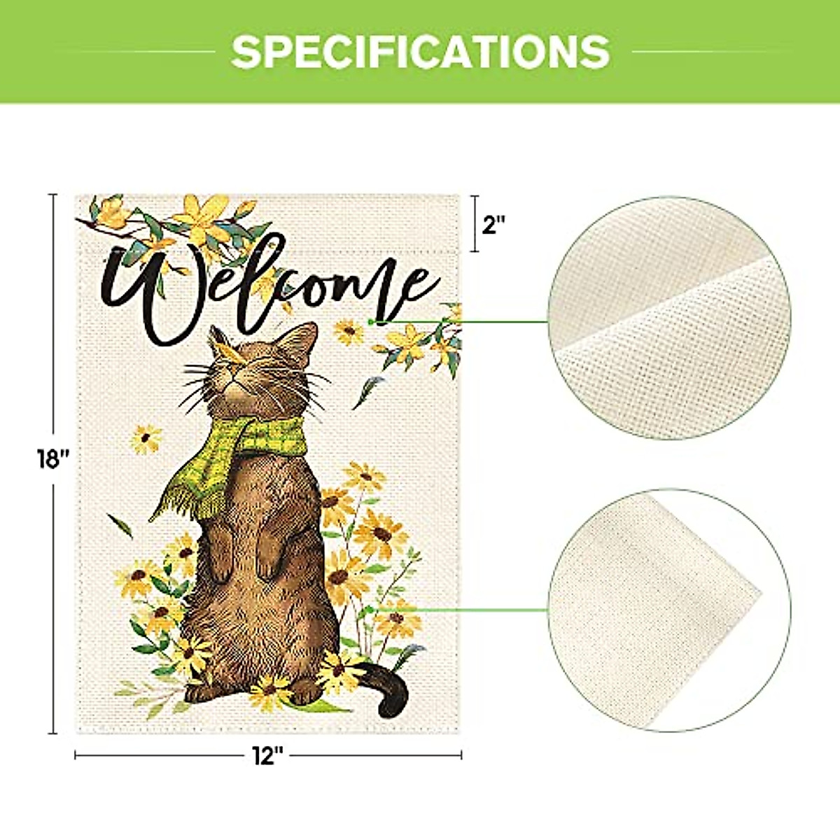 AVOIN colorlife Spring Summer Flower Cat Garden Flag 12x18 Inch Double Sided Outside, Yellow Daisy Sunflower Welcome Yard Outdoor Flag