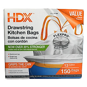 HDX 716866 13-Gallon Drawstring .9 Mil Tear Resistant Expandable Kitchen Trash Bag w/ Dispensing Container (150 Count) [Packaging May Vary]