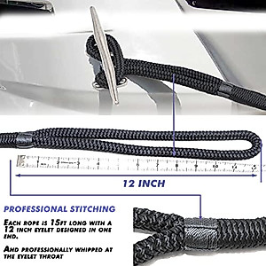 INNOCEDEAR 4 Pack 1/2” X 15’ Dock Lines|Marine-Grade Double-Braided Nylon Dock Line with 12” Eyelet.Hi-Performance Boat Rope Mooring Rope Black Dock Line