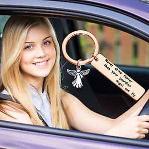 PLITI Never Drive Faster Than Your Guardian Angel Can Fly Keychain Guardian Angel New Driver Driving License Key Chain Father’s Day Gift (ECI Never drive RG)
