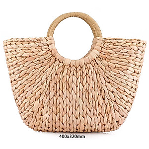 EROUGE Natural Chic Straw Bag Hand Woven Round Handle Handbags Retro Summer Beach Bag Beach Bag(Brown)