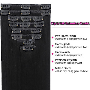 Clip in Hair Extensions,100% Brazilian Virgin Real Human Hair 8pcs Per Set with 18Clips Double Weft (18 Inch, 70g, #1 Jet Black Hair Extensions)