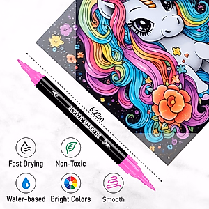 Pagather 48 Colors Acrylic Paint Markers, Dual Tip with Fine Tip and Brush Tip Pens for Stone, Wood, Calligraphy, Canvas, Ceramic, Metal, Glass, Rock Painting, DIY Crafts