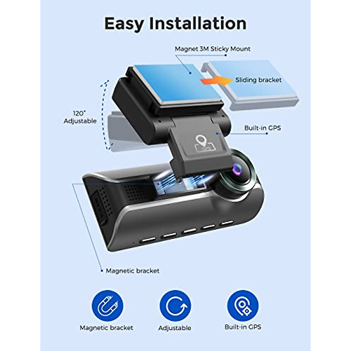 AZDOME M550 Dash Cam 3 Channel, Built in WiFi GPS, With 64GB Card, Front Inside Rear 1440P+1080P+1080P Car Dashboard Camera Recorder, 4K+1080P Dual, 3.19" IPS, IR Night Vision, Capacitor, Parking Mode