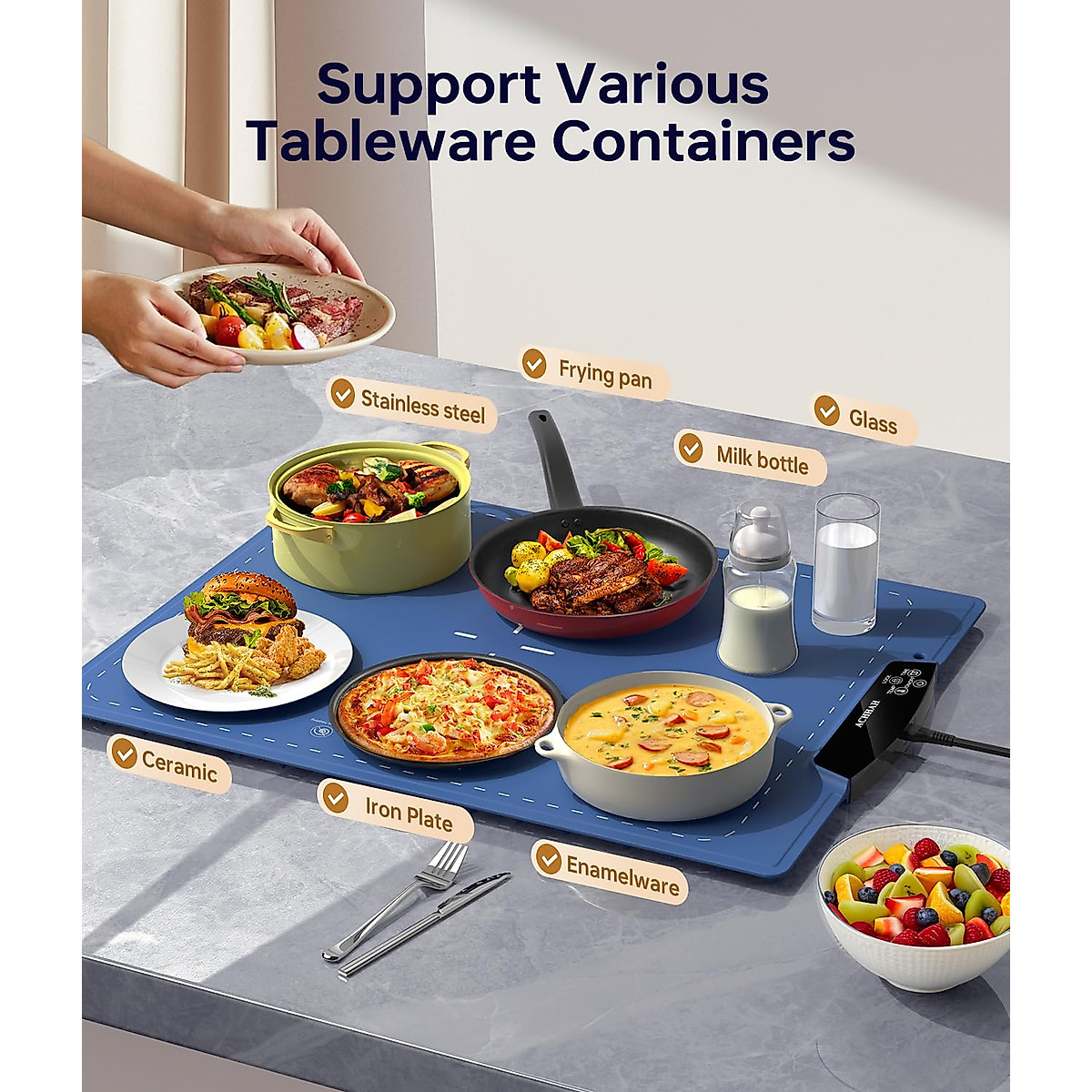 Food Warming Tray, Electric Food Warming Mats with 9 Temperature & 11 Timer Settings, Auto Shut-Off, Rollable Silicone Food Warmer for Buffets, Parties, Gatherings, Christmas, Everyday Use, Navy Blue