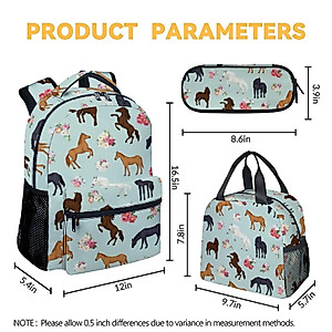 Mercuryelf Horse for Women Backpack with Lunch Box Set, 3 in 1 School Backpacks Matching Combo, Aesthetic Mint Green Bookbag and Pencil Case Bundle
