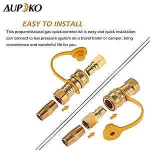 Aupoko 3/8 Inch Natural Gas Quick Connect Fittings, Brass Propane Gas Grill Quick Connector Adapter Fitting, LP Gas Propane Hose Quick Disconnect Kit, 3/8’’ Male Pipe Thread x 3/8’’ Female Pipe Threa