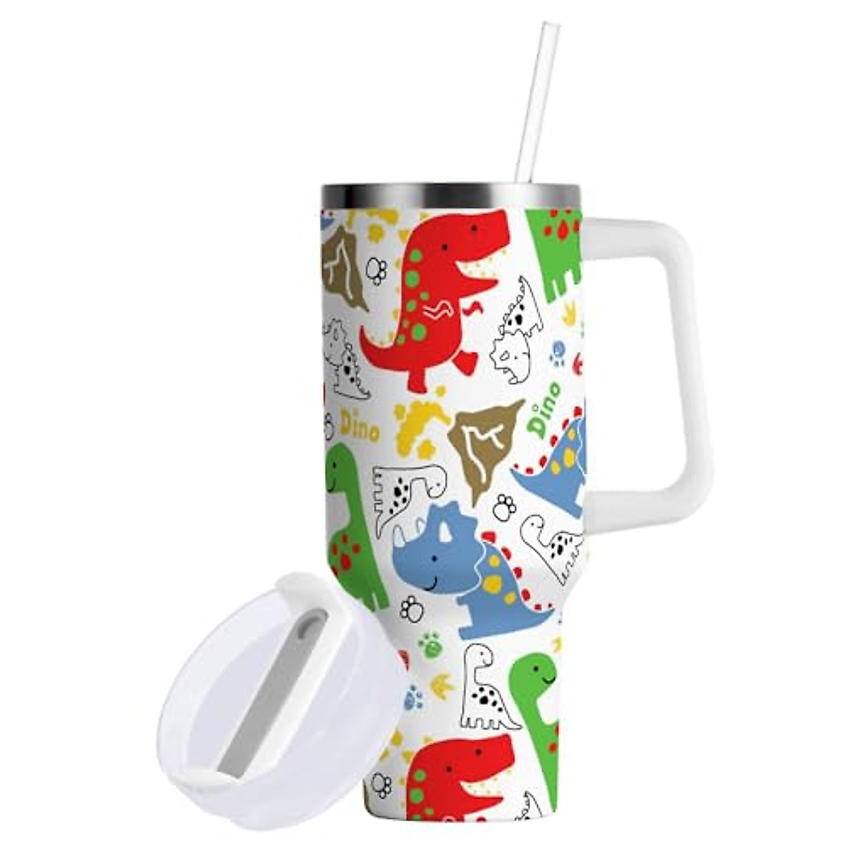 MCHIVER Cute Dinosaurs Cartoon 30 oz Tumbler with Handle and Straw Stainless Steel Vacuum Water Bottle Leak-proof Travel Coffee Mug Thermos Water Bottle for Hot Cold Beverages