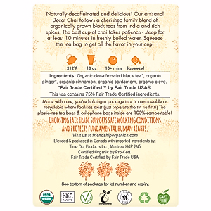Friendship Organics Decaf Chai Tea Bags, Organic and Fair Trade 36 count