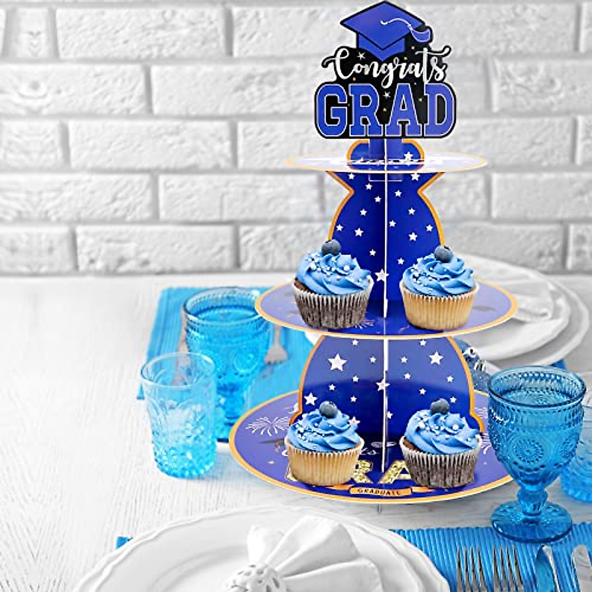2 Set Graduation Cupcake Stand, 3 Tier Round Cardboard Cupcake Stand, Cupcake Holder Perfect for Grad Themed Party Décor, Graduation Party Supplies, Graduation Dessert Favors Supplies (Blue)