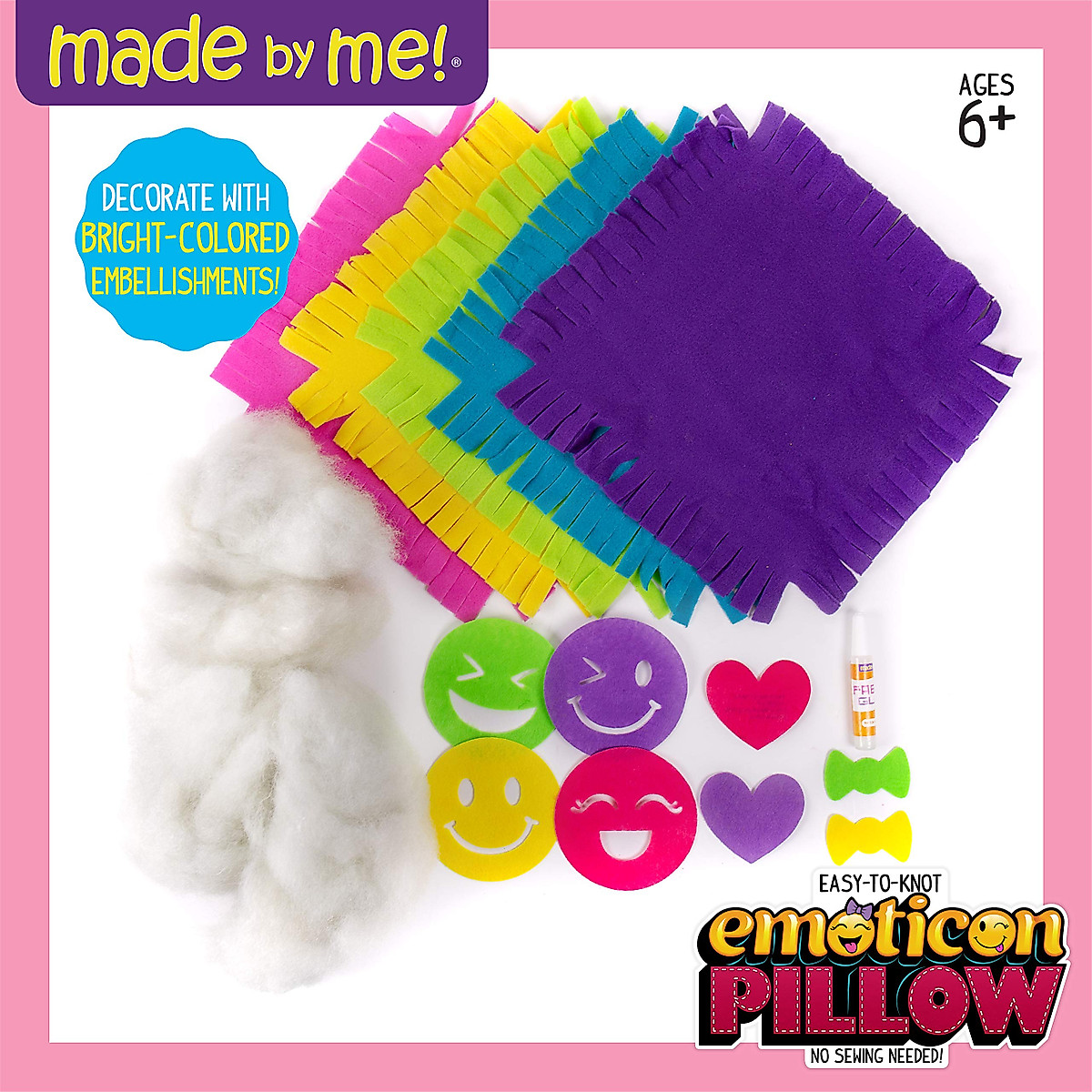 Made By Me Easy to Knot Jumbo Emoticon Pillow by Horizon Group USA, No Sewing, No Cutting, 20 in.x 20 in. Fleece Pillow, Pre-Cut Squares & Felt Decals, Fiber Fill, Assorted (73041F)